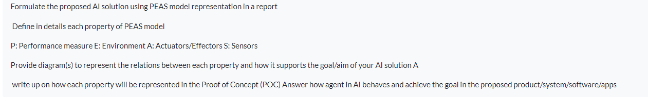 Solved Formulate the proposed Al solution using PEAS model | Chegg.com