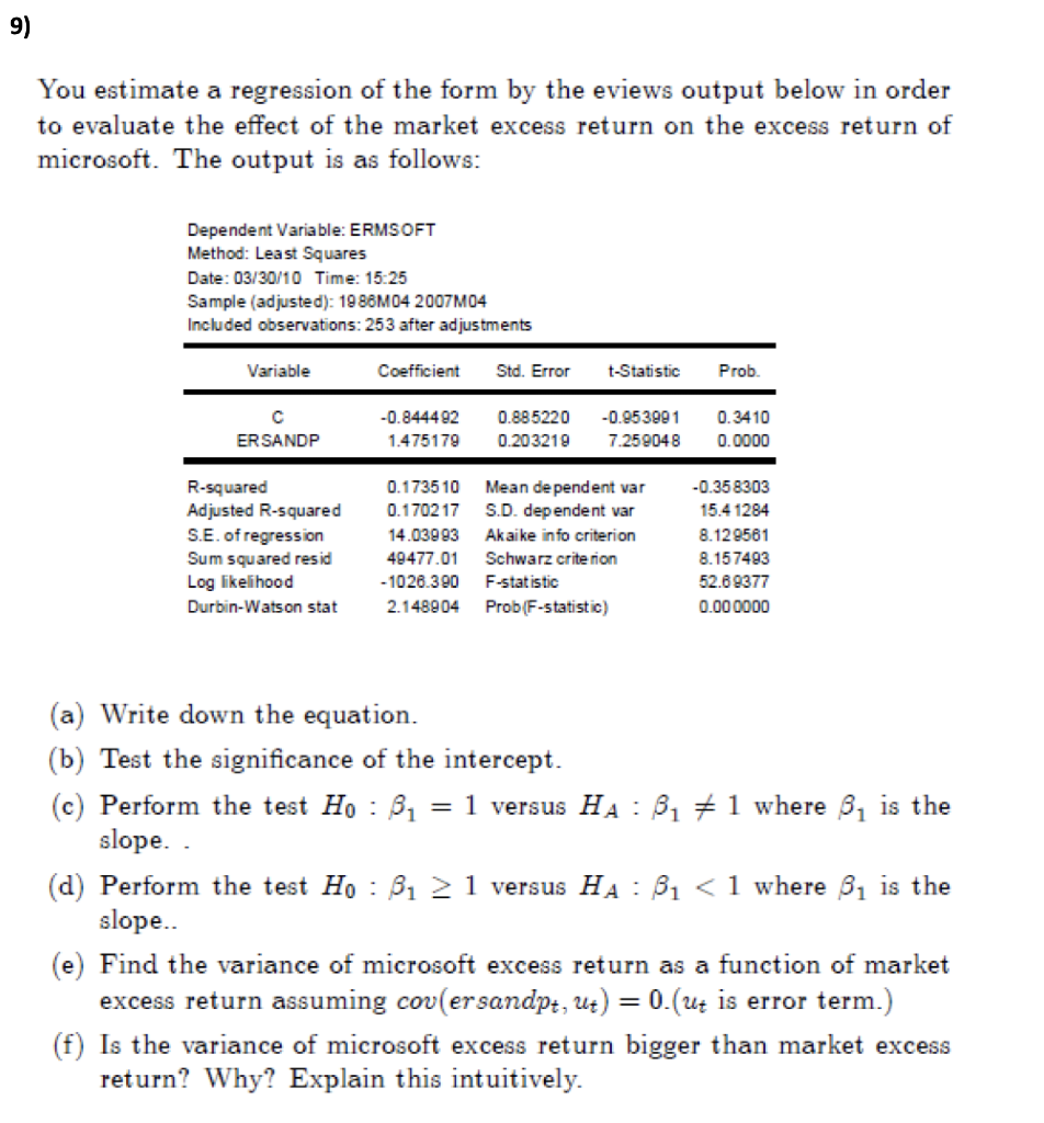 You estimate a regression of the form by the eviews | Chegg.com