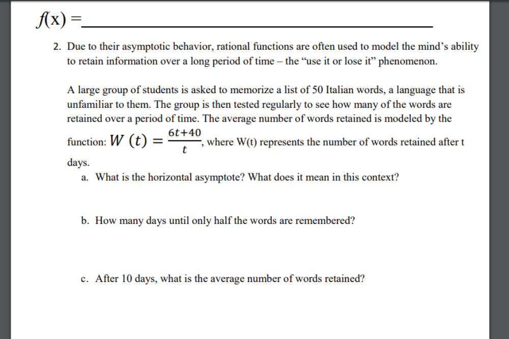 Solved f(x)= 2. Due to their asymptotic behavior, rational | Chegg.com
