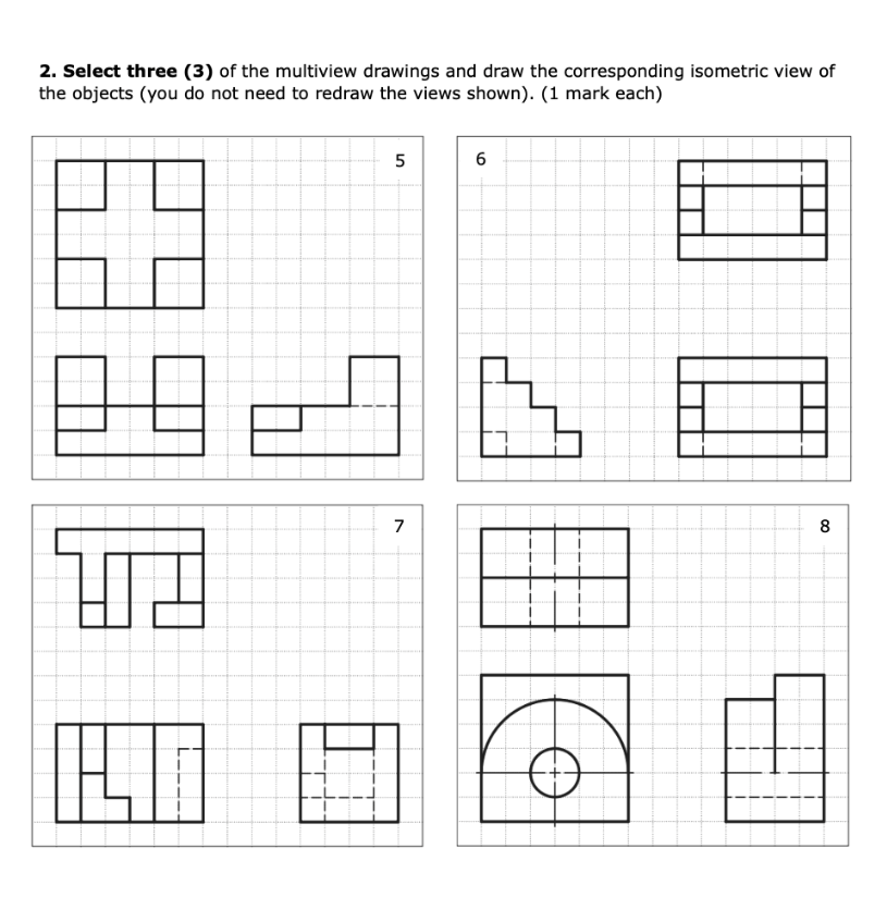 Solved Select three (3) ﻿of the multiview drawings and draw | Chegg.com