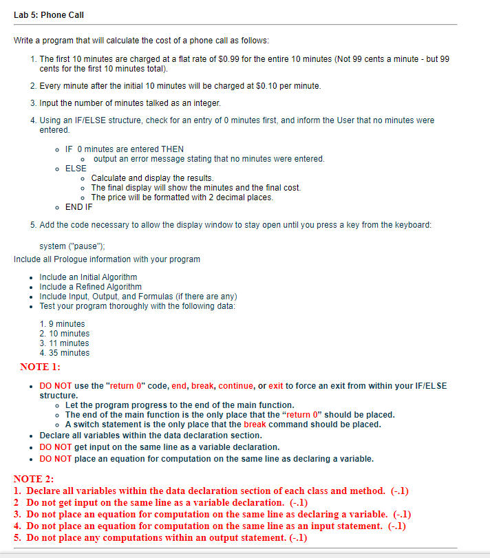 Solved Lab 5: Phone Call Write a program that will calculate | Chegg.com