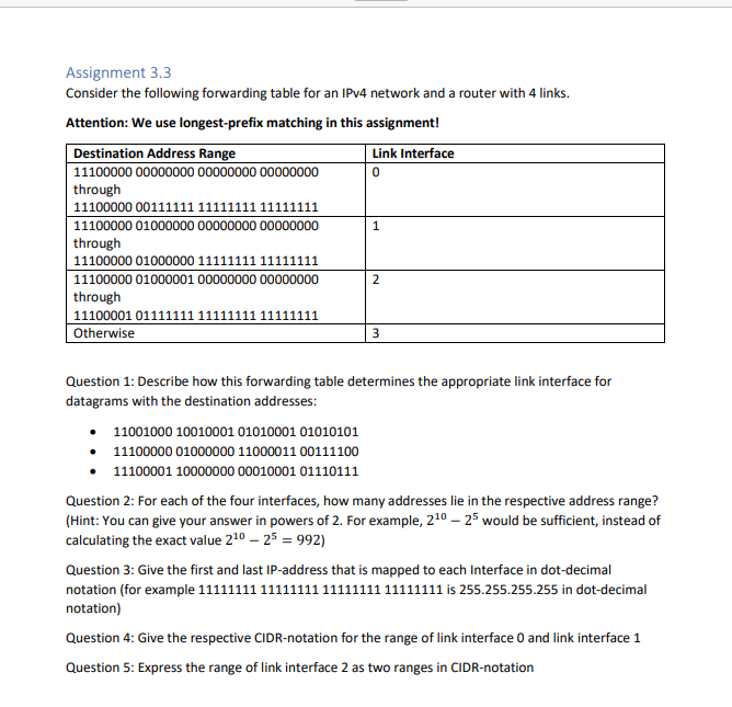 Solved Assignment 3.3Consider the following forwarding table | Chegg.com