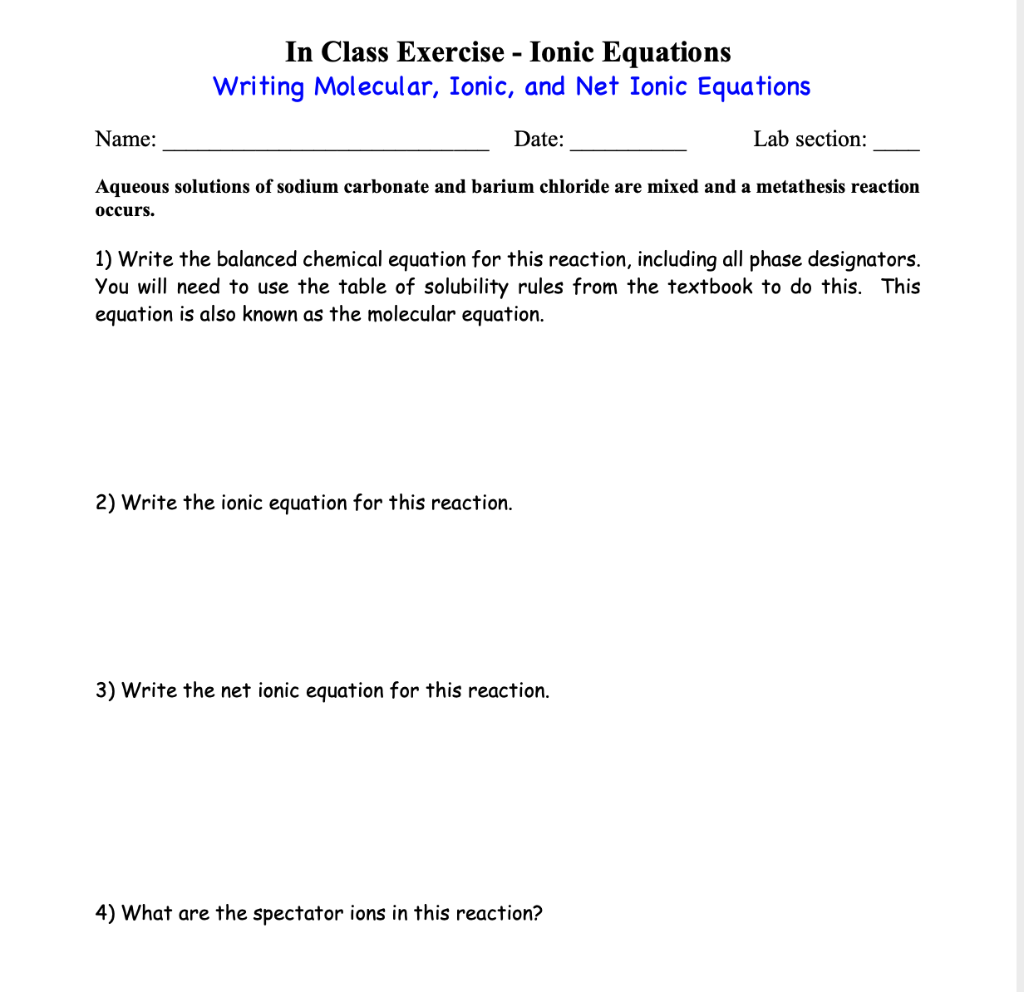 Solved In Class Exercise - Ionic Equations Writing | Chegg.com