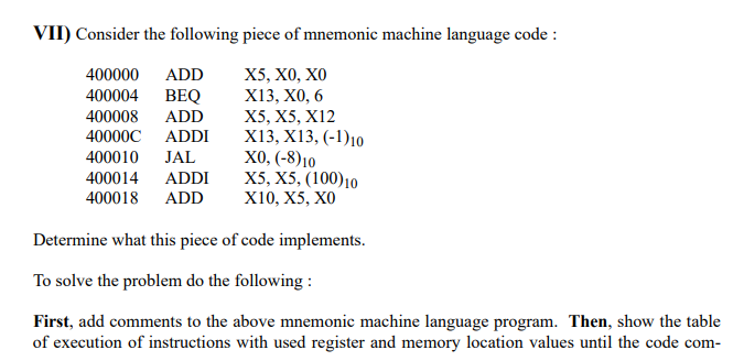 VII) Consider the following piece of mnemonic machine | Chegg.com