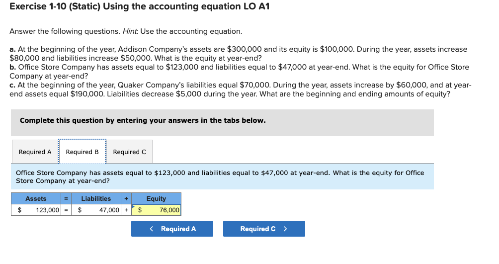[Solved]: Exercise 1-10 (Static) Using the accounting eq