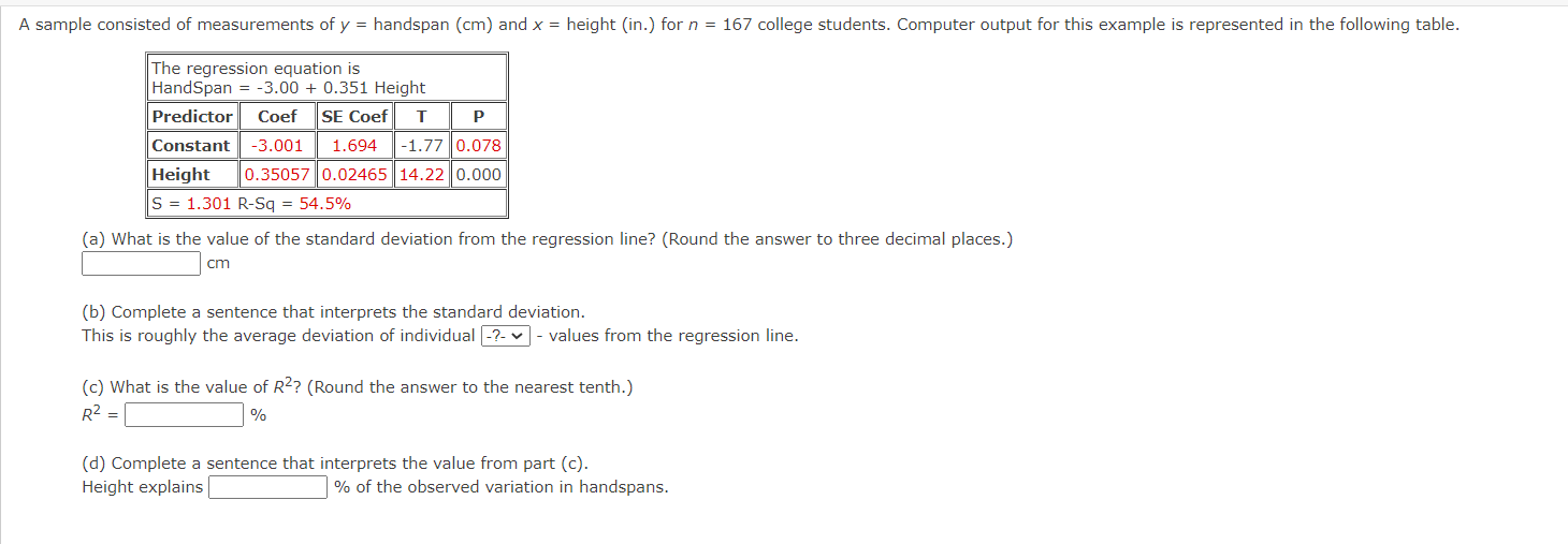 Solved A sample consisted of measurements of y = handspan | Chegg.com