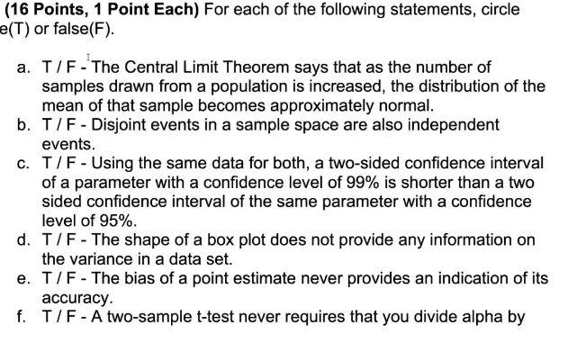 Solved (16 Points, 1 Point Each) For each of the following | Chegg.com
