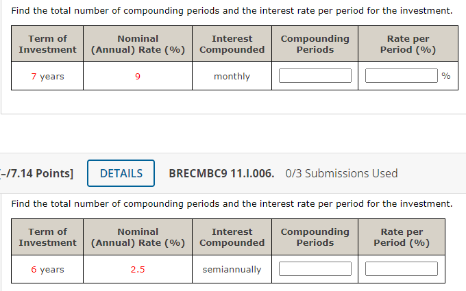 Solved Find the total number of compounding periods and the | Chegg.com
