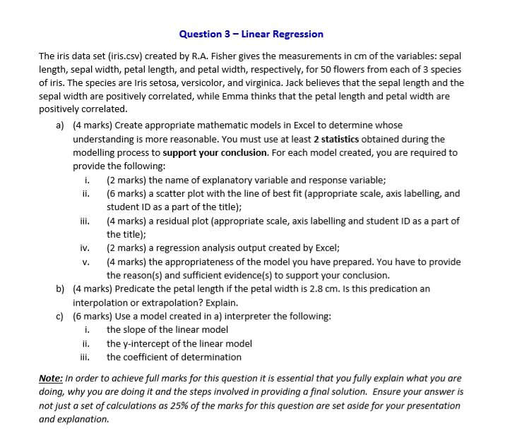 Question 3 – Linear Regression The iris data set | Chegg.com