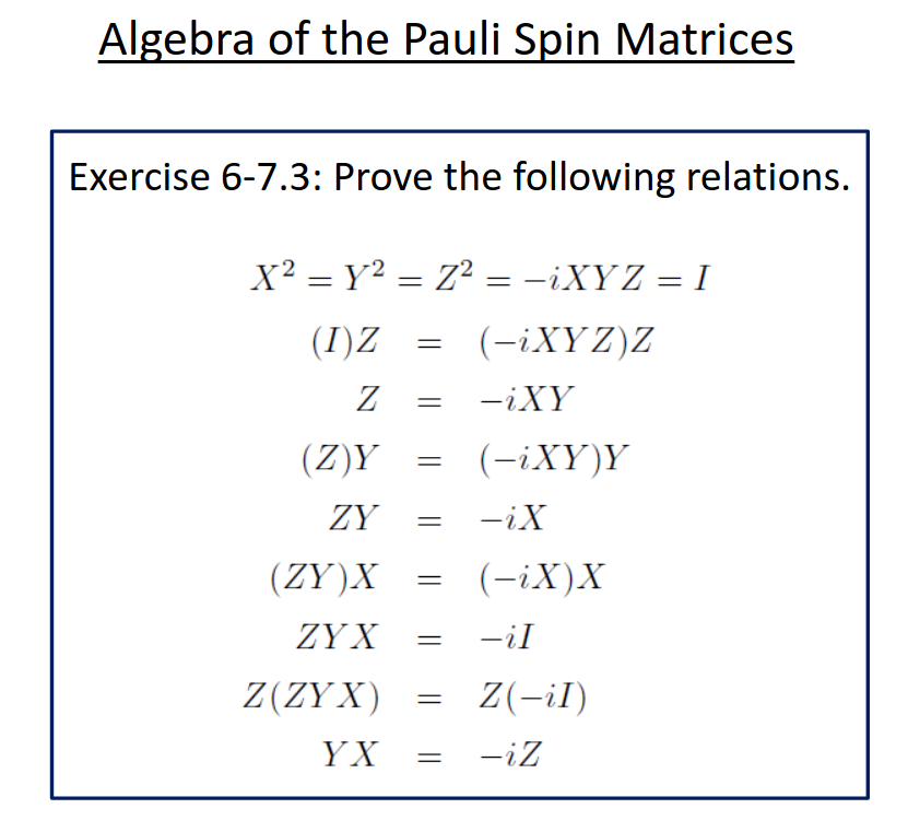 Solved Algebra of the Pauli Spin Matrices Exercise 6-7.3: | Chegg.com