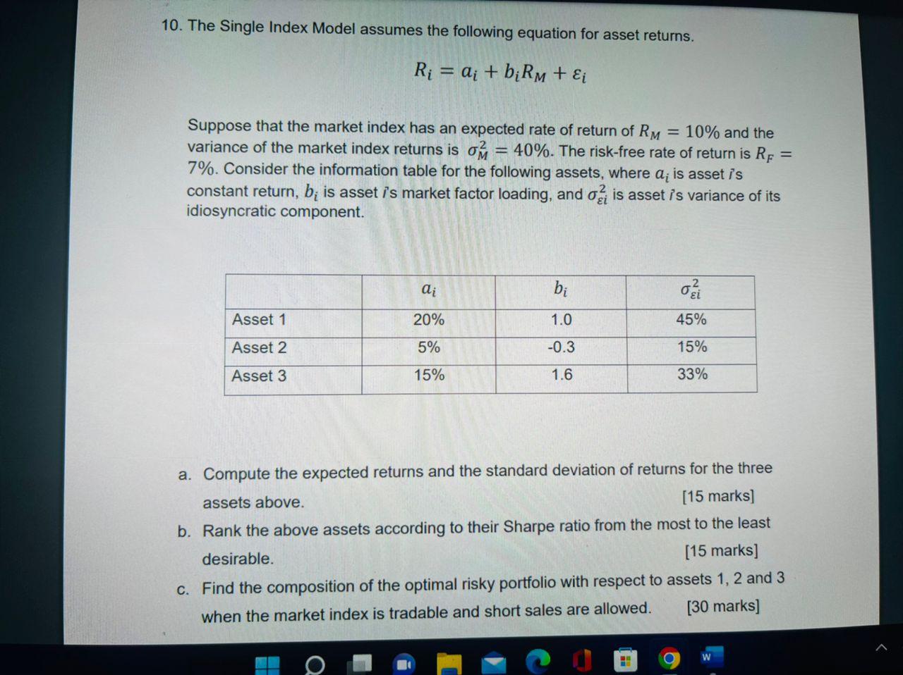 10. The Single Index Model assumes the following | Chegg.com