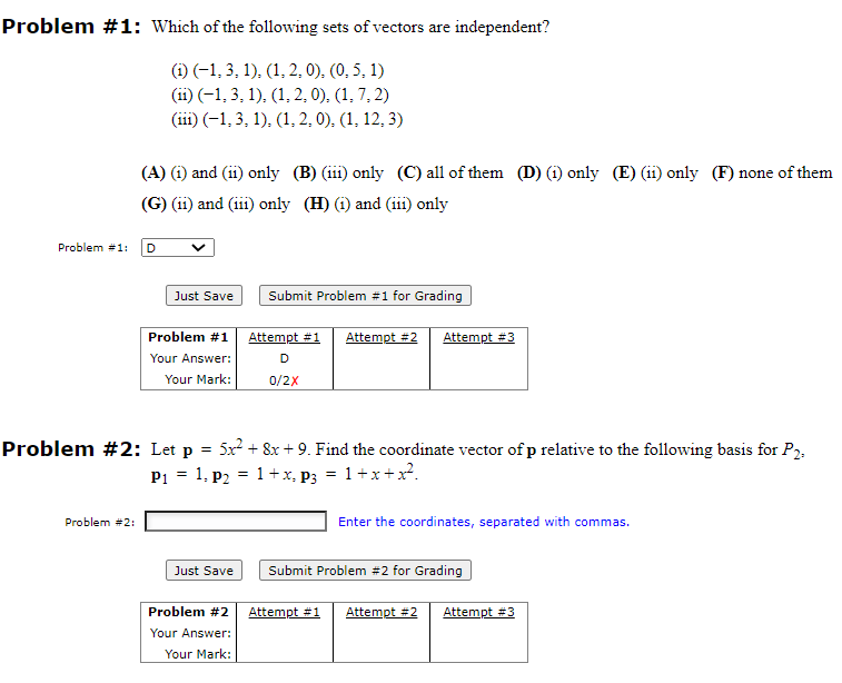 Solved roblem \# 1: Which of the following sets of vectors | Chegg.com