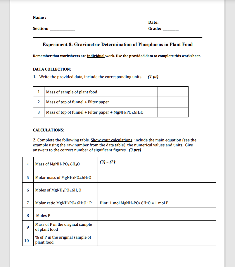 Solved Data for Experiment 8: Gravimetric Determination of | Chegg.com