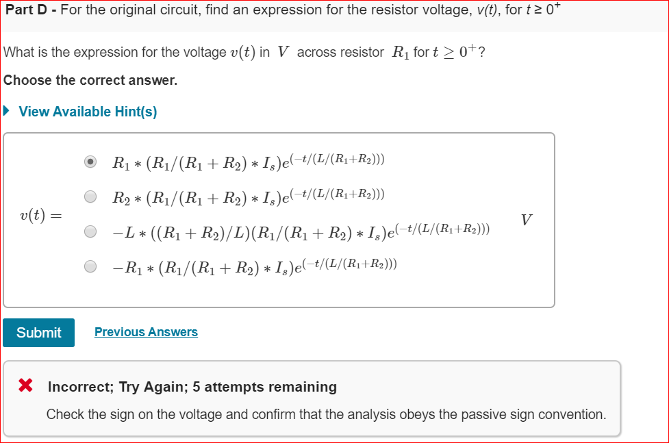 Solved Part D-For the original circuit, find an expression | Chegg.com