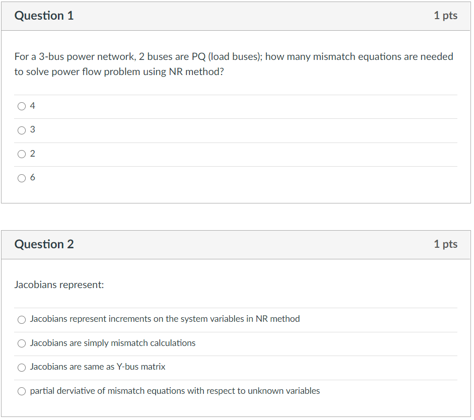 Solved Question 1 1 pts For a 3-bus power network, 2 buses | Chegg.com