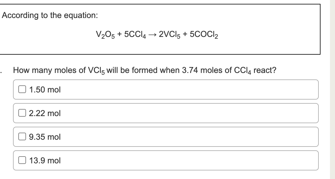 Solved According to the equation: V205 + 5CC14 2VCl5 + | Chegg.com