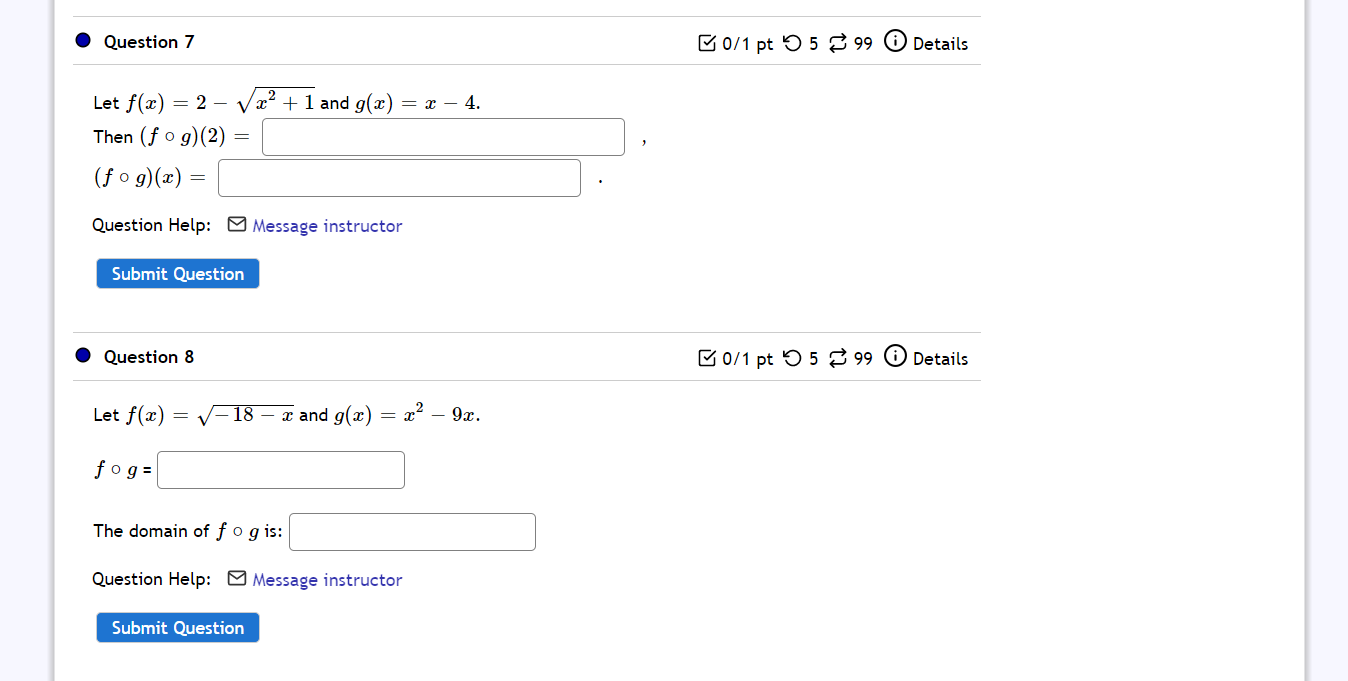 Solved Let f(x)=2−x2+1 and g(x)=x−4. Then (f∘g)(2)= | Chegg.com