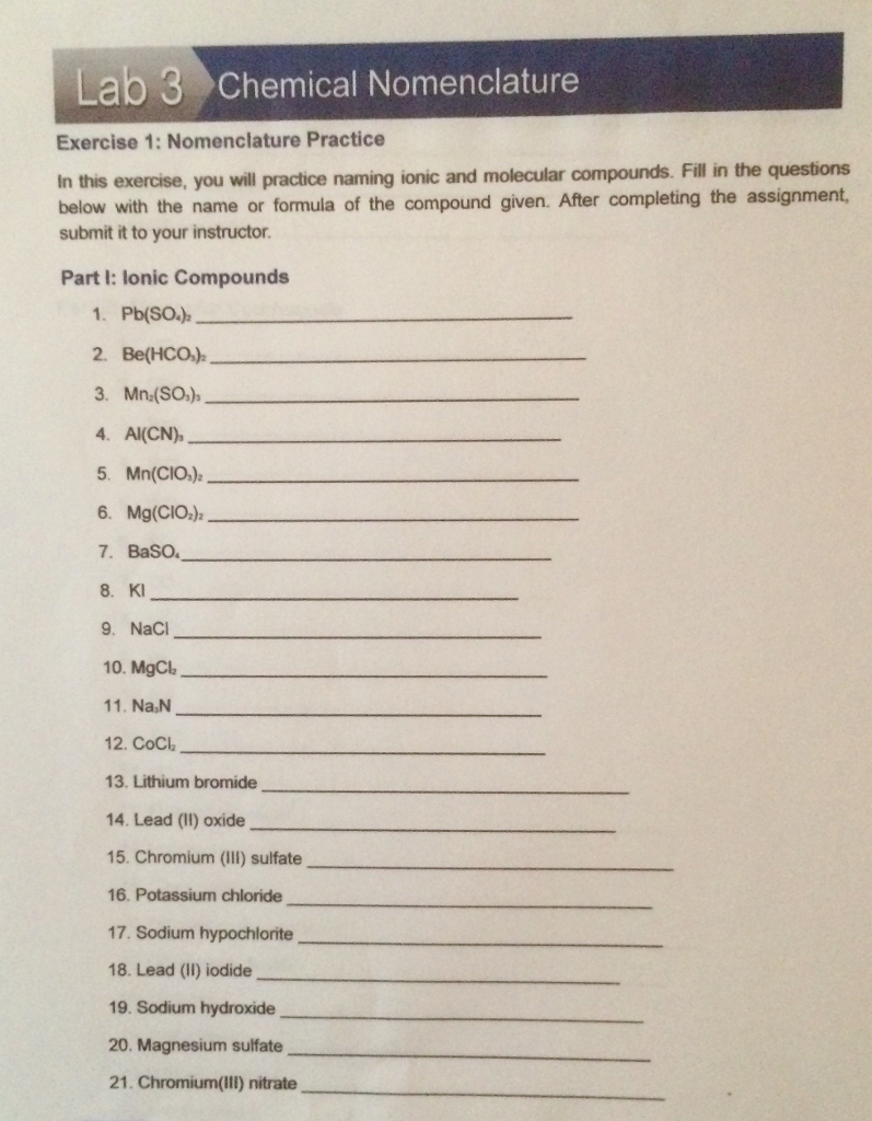 Solved Lab 3 Chemical Nomenclature Exercise 1 Nomenclature Chegg