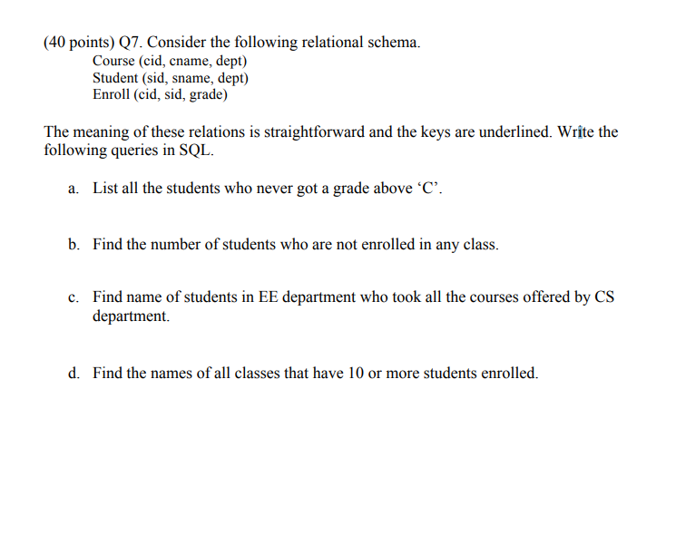 Solved 40 Points Q7 Consider The Following Relational Chegg