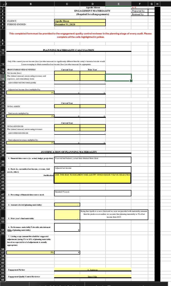 B C E F G H I A-0 1 2 3 Apollo Shoes, Inc. AUDIT | Chegg.com