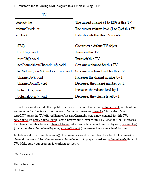 Solved 1. Transform the following UML diagram to a TV class | Chegg.com