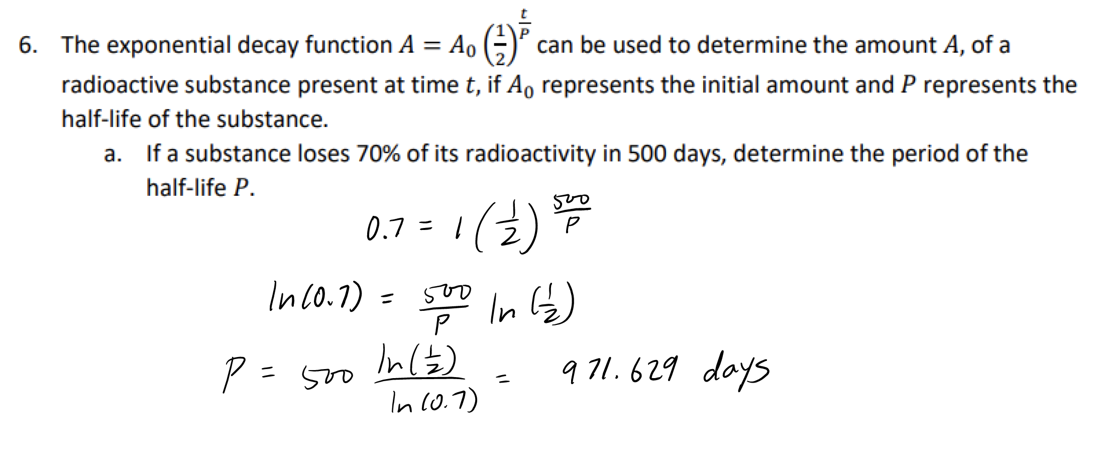 Solved 6. The exponential decay function A=A0(21)Pt can be | Chegg.com