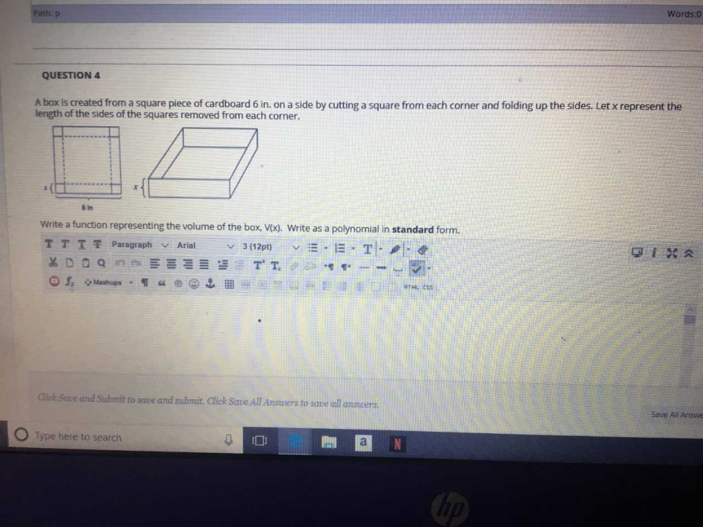 Solved Words:0 QUESTION 4 A box is created from a square | Chegg.com