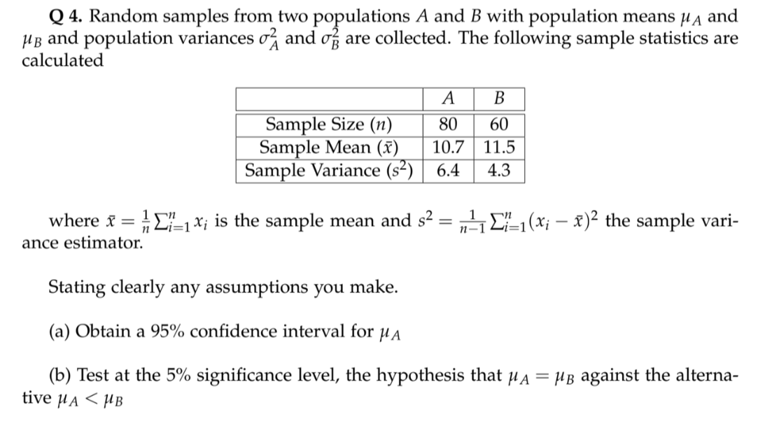 Solved Q 4. ﻿Random samples from two populations A and B | Chegg.com