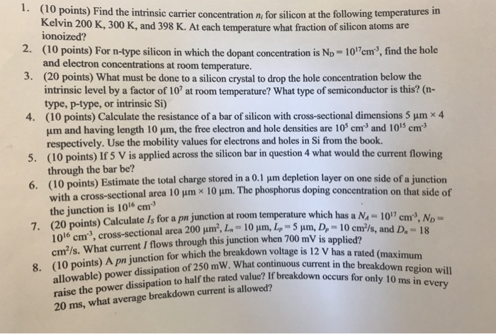 Solved 1. (10 points) Find the intrinsic carrier | Chegg.com