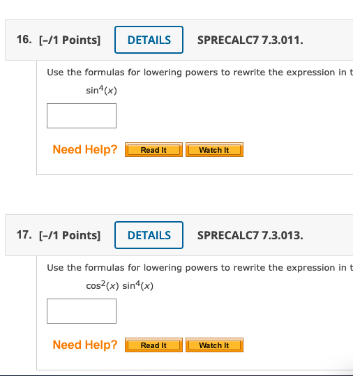 Solved Use the formulas for lowering powers to rewrite the | Chegg.com