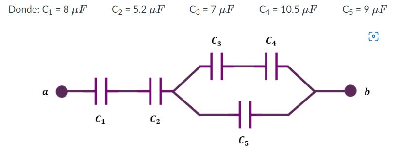 Solved Donde: C1 = 8 uF C2 = 5.2 MF C = 7 pF C4 = 10.5pF Cs | Chegg.com
