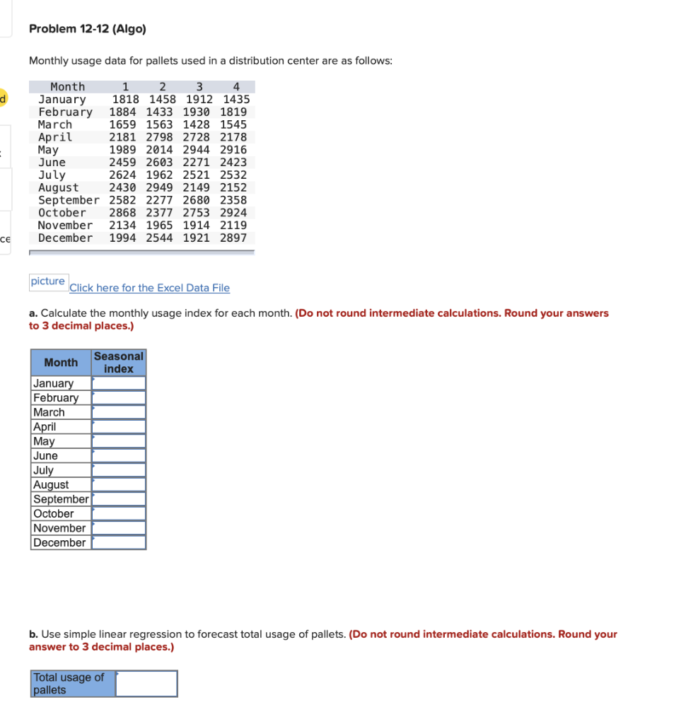 Solved Problem 12-12 (Algo) Monthly usage data for pallets | Chegg.com