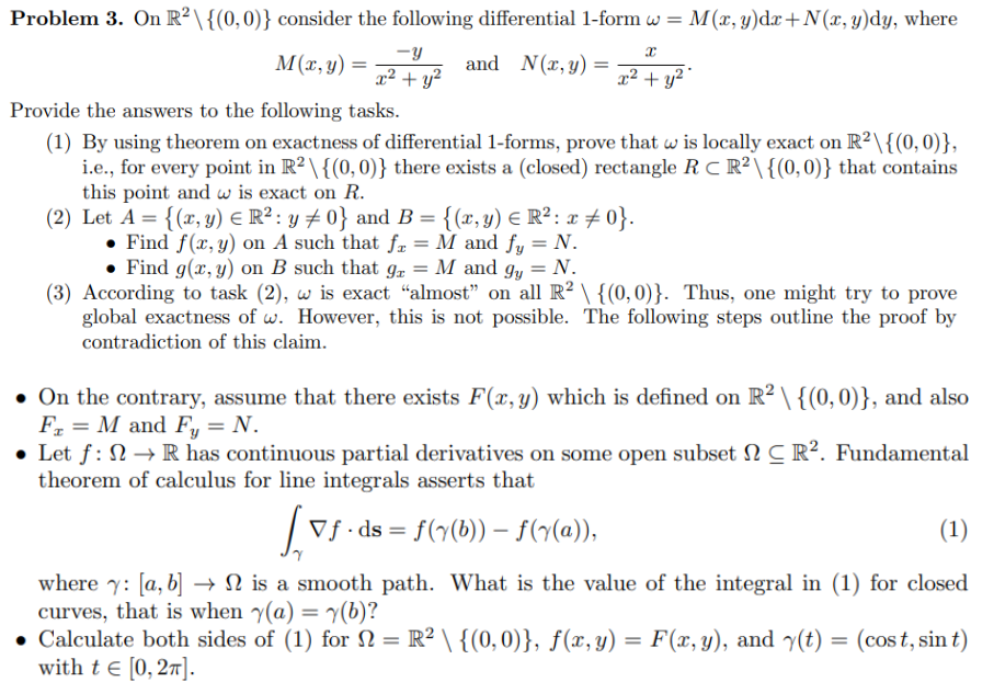 Solved Problem 3. On R2\{(0,0)} consider the following | Chegg.com