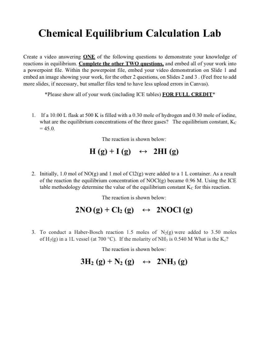 Solved Chemical Equilibrium Calculation Lab Create a video | Chegg.com