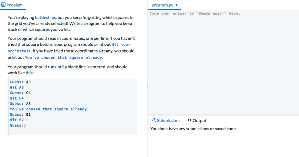 Solved Problem program.py Type your answer to "Bombs away!" | Chegg.com