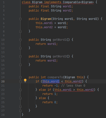 Solved Need to add a CompareTo() method to the Bigram Class. | Chegg.com
