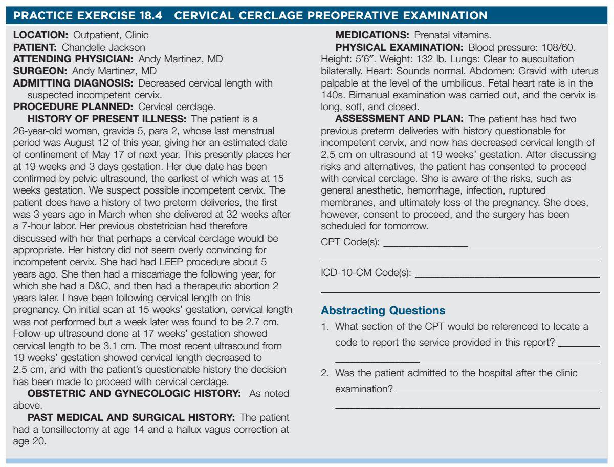 PRACTICE EXERCISE 18.4 CERVICAL CERCLAGE PREOPERATIVE | Chegg.com