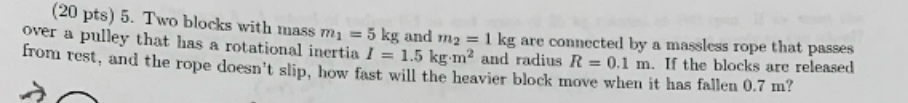Solved (20 pts) 5. Two blocks with mass m1=5 kg and m2=1 kg | Chegg.com