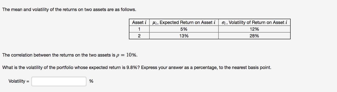 Solved The mean and volatility of the returns on two assets | Chegg.com