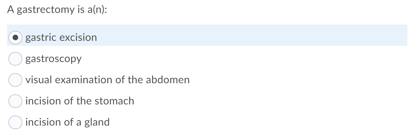 Solved A gastrectomy is a(n): gastric excision gastroscopy | Chegg.com