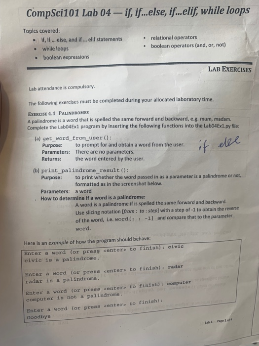 Solved CompSci101 Lab 04 -if if...else, if...elif, while | Chegg.com