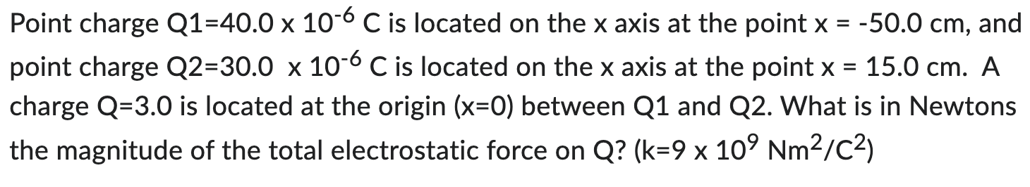 Solved Point charges Q1=3.0×10−6C is located at ×1=−15.0 cm | Chegg.com