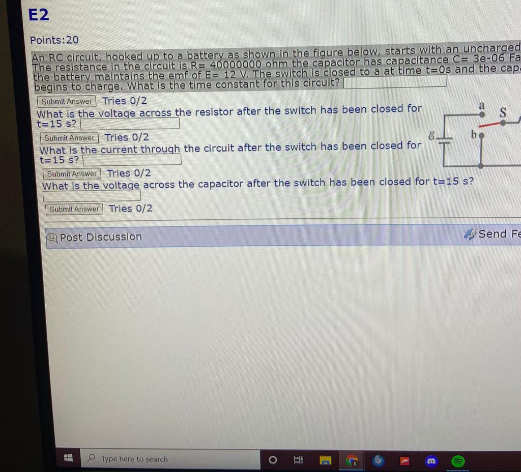 Solved E2 Points:20 An RC circuit, hooked up to a battery as | Chegg.com