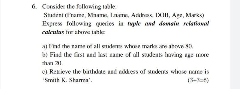 Solved 6. Consider the following table: Student (Fname, | Chegg.com