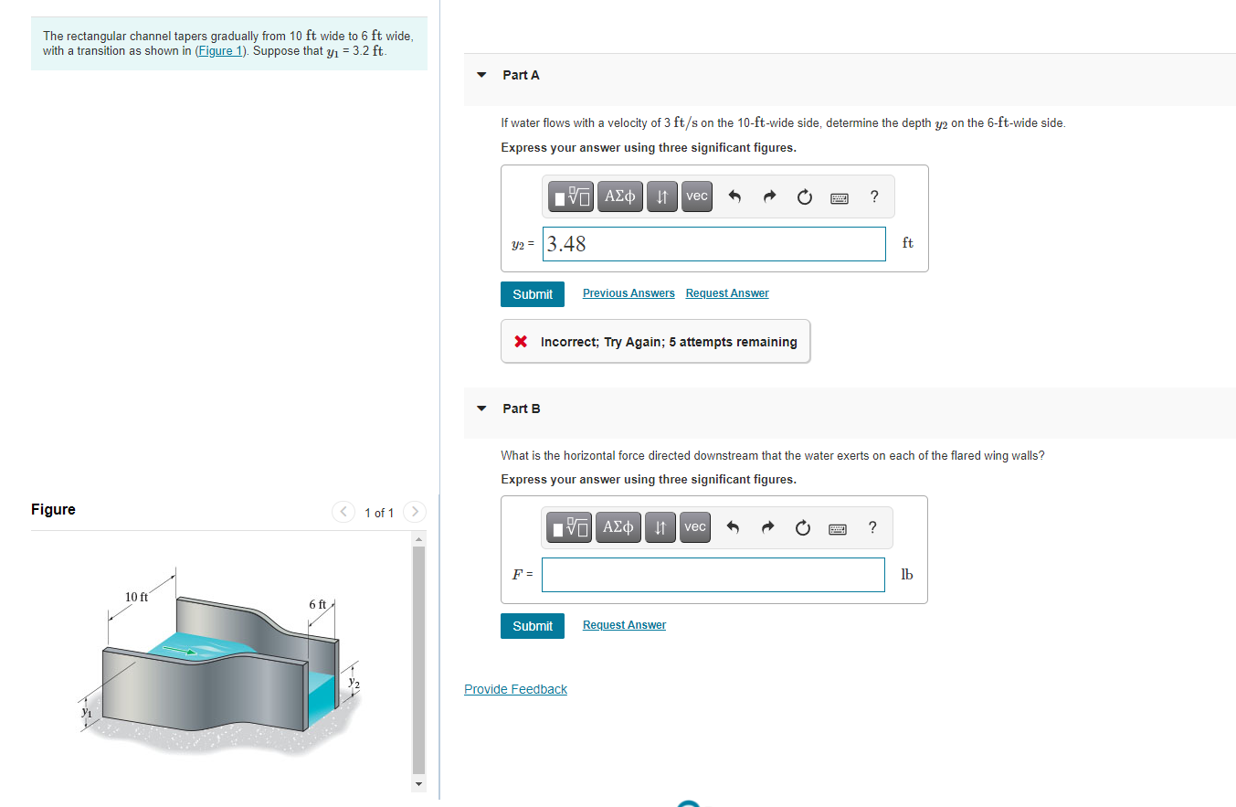 Solved The rectangular channel tapers gradually from 10 ft | Chegg.com