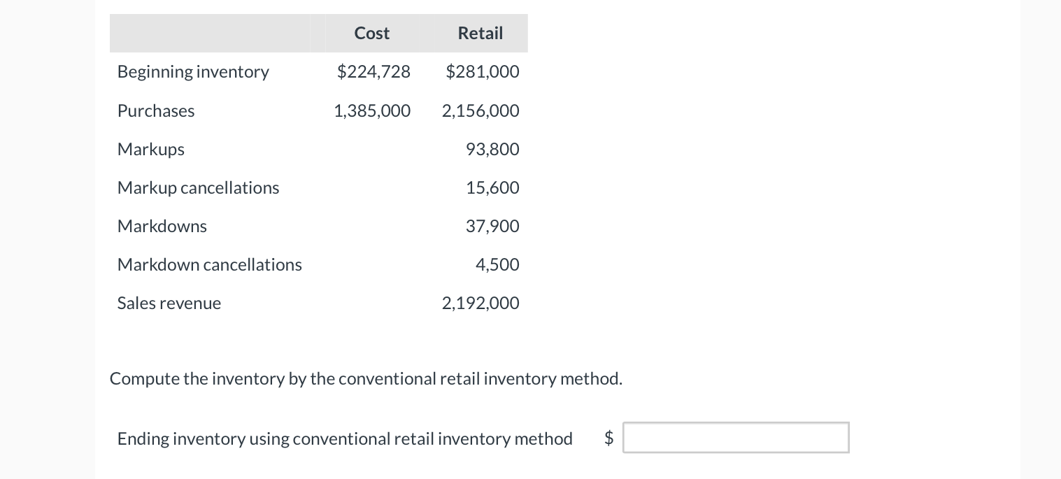 Solved Compute the inventory by the conventional retail | Chegg.com