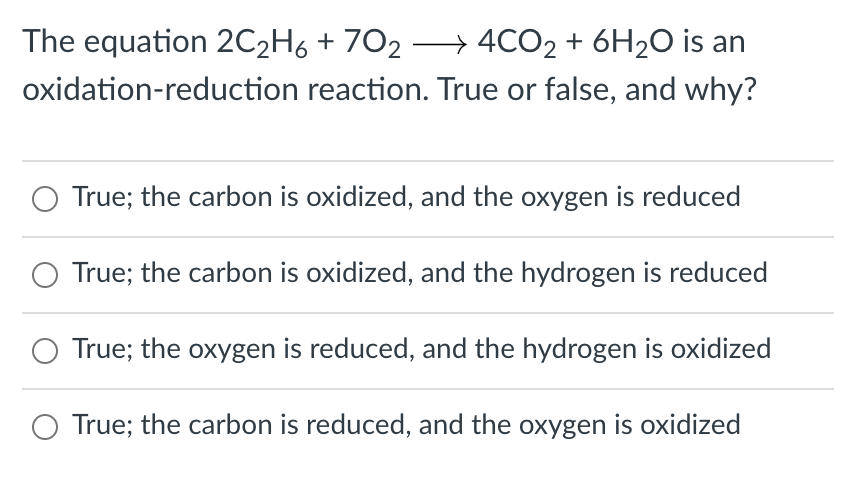 Solved The equation 2C2H6 + 702 + 4CO2 + 6H2O is an | Chegg.com