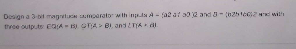 Solved Design a 3-bit magnitude comparator with inputs A = | Chegg.com