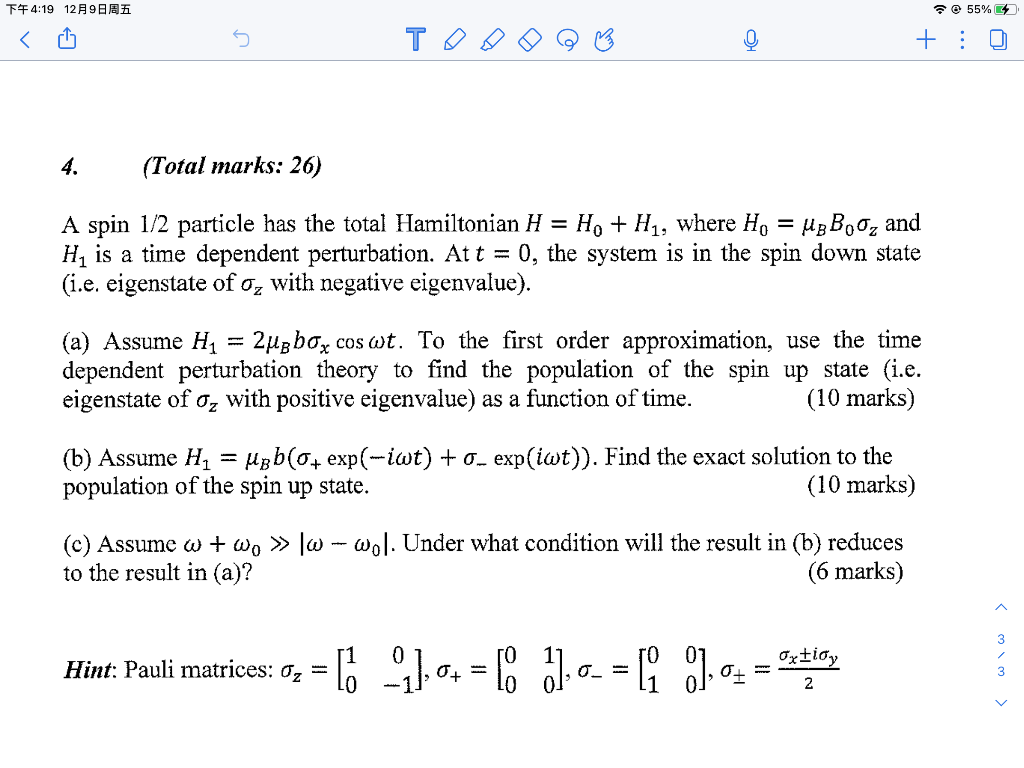 Solved A spin 1/2 particle has the total Hamiltonian | Chegg.com
