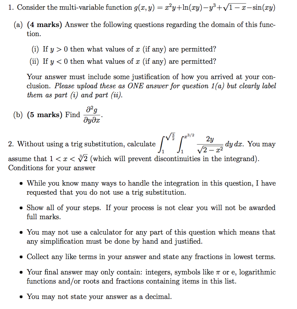 Solved 1. Consider the multi-variable function g(x, y) = | Chegg.com